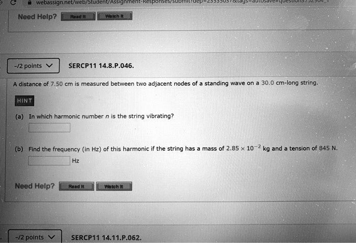 SOLVED: Text: webassign.net web Student Assignments Need Help? Random 12 points SERCP1I 14.8.P ...