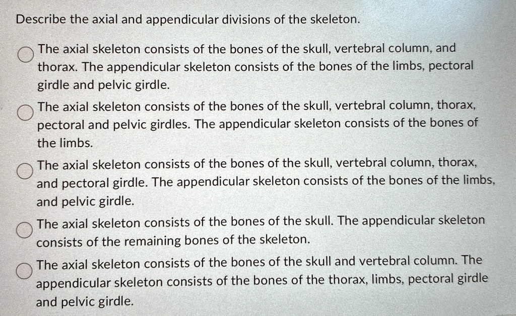 describe the axial and appendicular divisions of the skeleton the axial ...