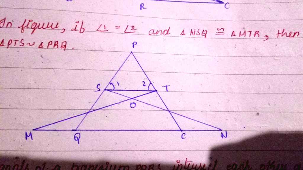 SOLVED: In the figure, if angle 1 is equal to angle 2 and triangle NSQ ...