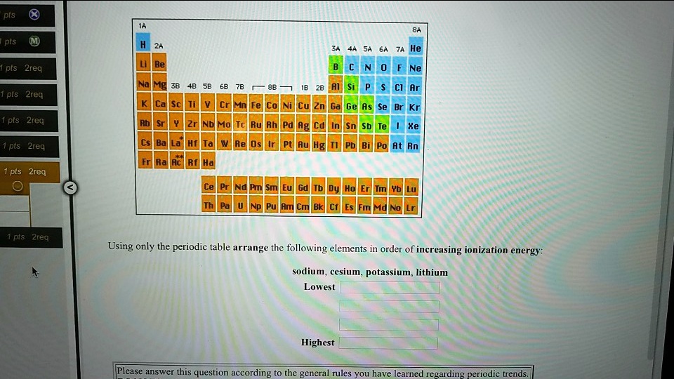 Using only the periodic table arrange the following elements in order of increasing ionization ...