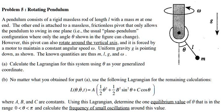 Problem 5: Rotating Pendulum A pendulum consists of a rigid massless rod of length l with a mass ...