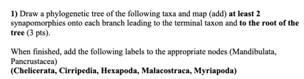 1 draw a phylogenetic tree of the following taxa and map add at least 2 ...