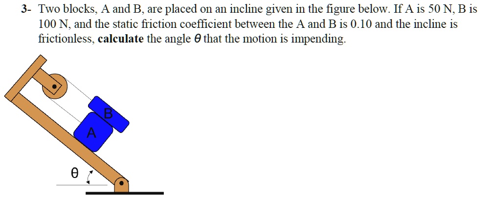 3- Two blocks, A and B, are placed on an incline given in the figure below. If A is 50 N, B is ...