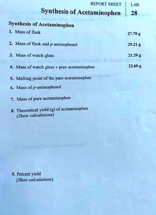 SOLVED: REPORT SHEET LAB Synthesis of Acetaminophen 28 Synthesis of Acetaminophen Mass of flask ...