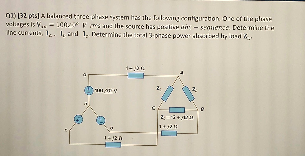 SOLVED: Q1) [32 pts] A balanced three-phase system has the following configuration. One of the ...