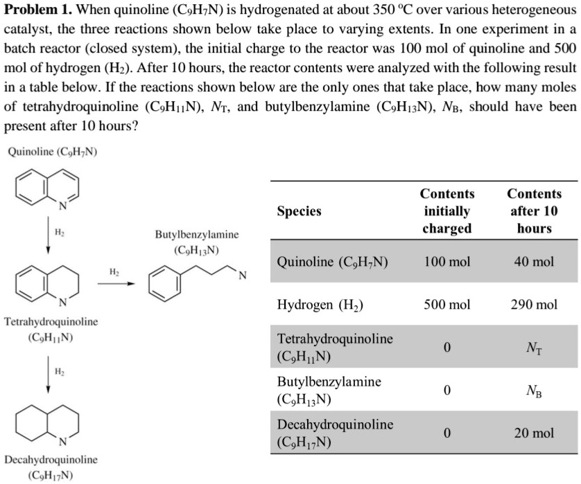 Problem 1. When quinoline (C9H7N) is hydrogenated at about 350 °C over ...