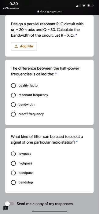 SOLVED: Design a parallel resonant RLC circuit with w=20 krad/s and Q ...