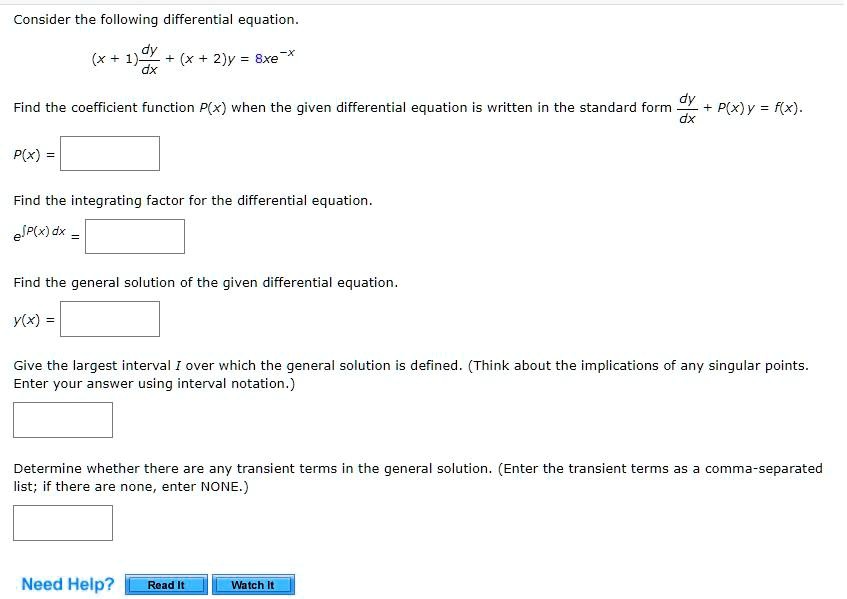 SOLVED: Consider the following differential equation: xy' + P(x)y = f(x) Find the coefficient ...