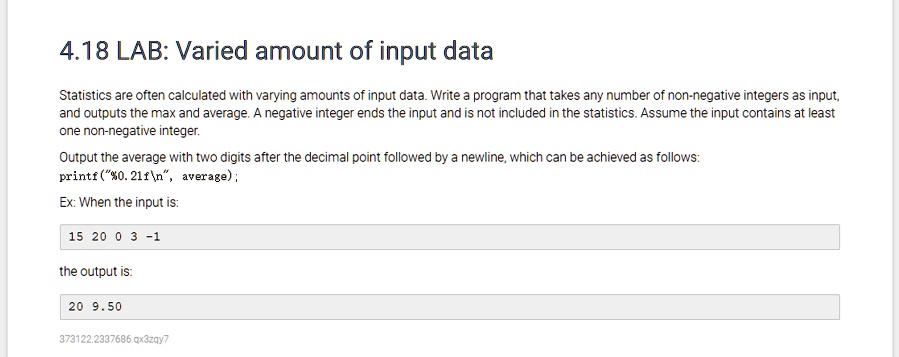 SOLVED: 4.18 LAB: Varied amount of input data Statistics are often calculated with varying ...