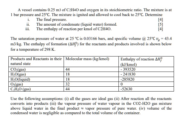SOLVED: The vessel contains 0.25 mol of C2H4O and oxygen in its stoichiometric ratio. The ...