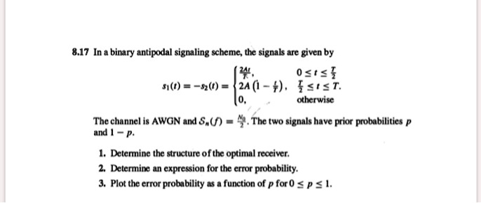 817 in binary antipodal signaling scheme the signals are given by 0215 si 5 24 t otherwisc the ...