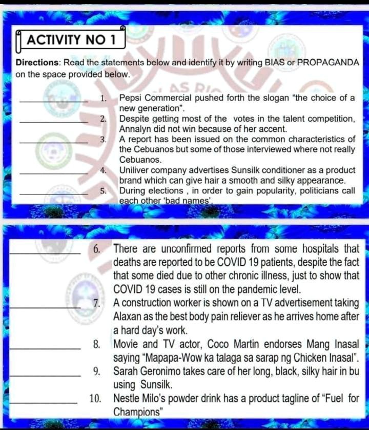 read the statement below and identify it by writing bias or propaganda ...