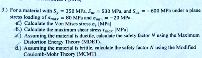 SOLVED: Stress loading of max = 80 MPa and omtn = -20 MPa. Calculate ...