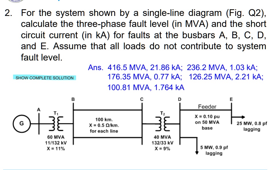 SOLVED: For the system shown by a single-line diagram (Fig. Q2), calculate the three-phase fault ...