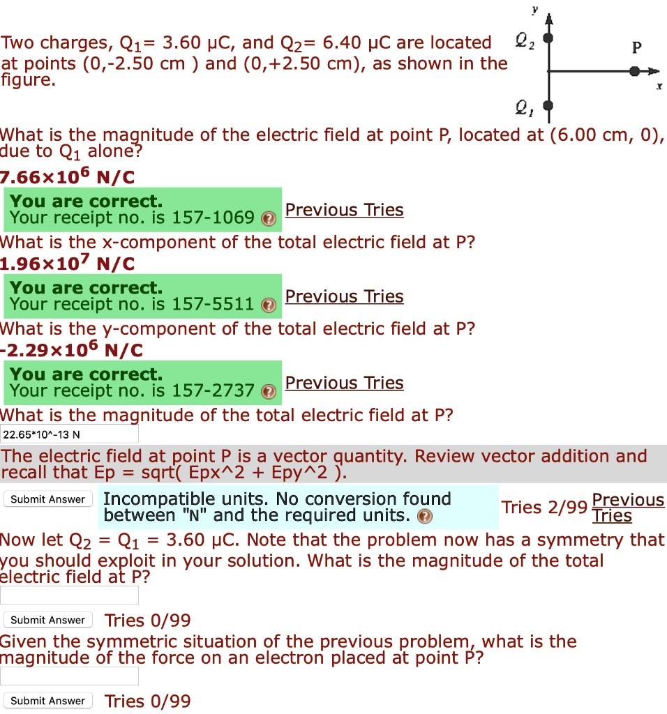 SOLVED: Two charges, Q1= 3.60 ,C, and Q2= 6.40 UC are located 22 at points (0,-2.50 cm ) and (0 ...