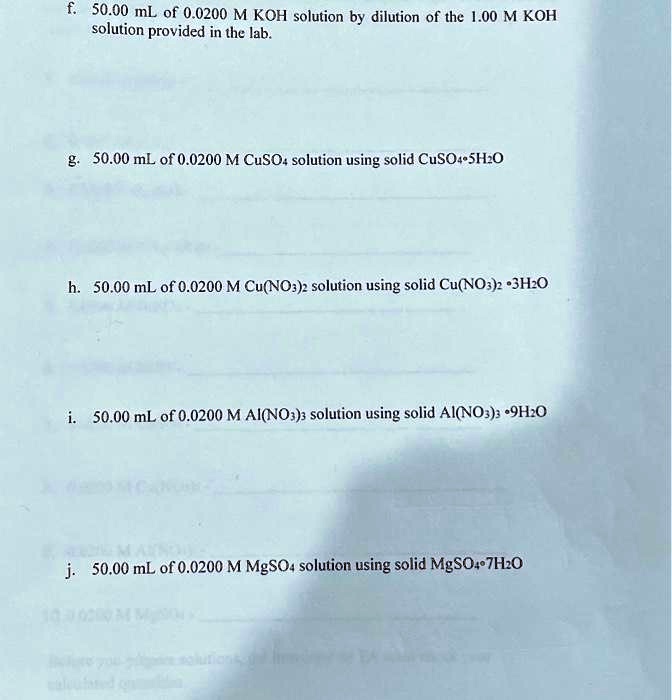 f. 50.00 mL of 0.0200 M KOH solution by dilution of the 1.00 M KOH solution provided in the lab ...