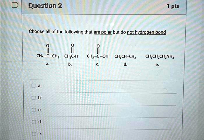 SOLVED: Question 2 1pt Choose all of the following that are polar but ... SOLVED: Question 2 1pt Choose all of the following that are polar but ...