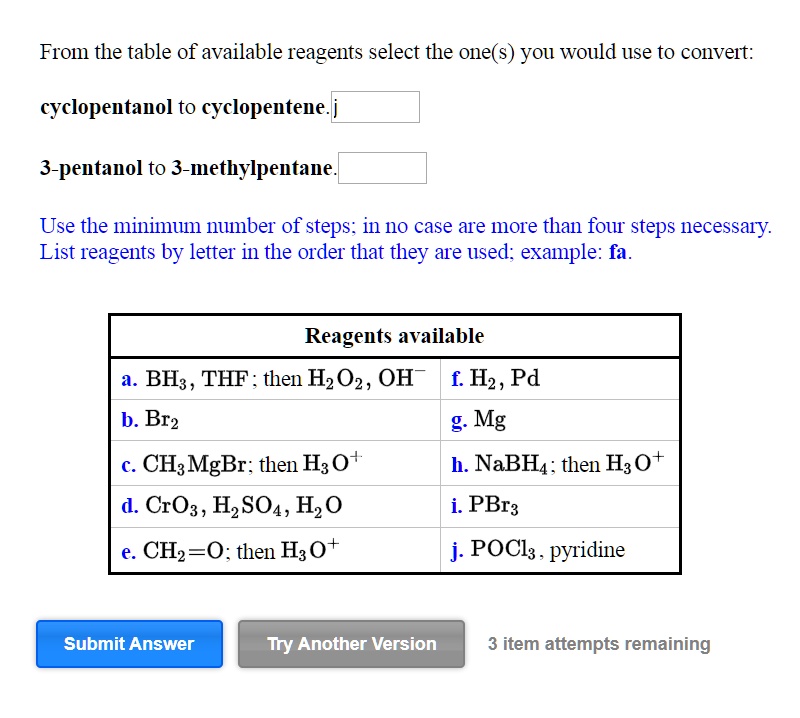 from the table of available reagents select the ones you would use to ...