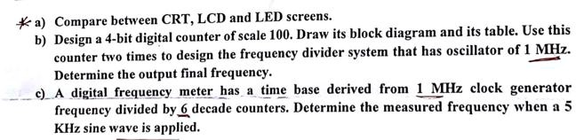 a) Compare between CRT, LCD and LED screens. b) Design a 4-bit digital ...