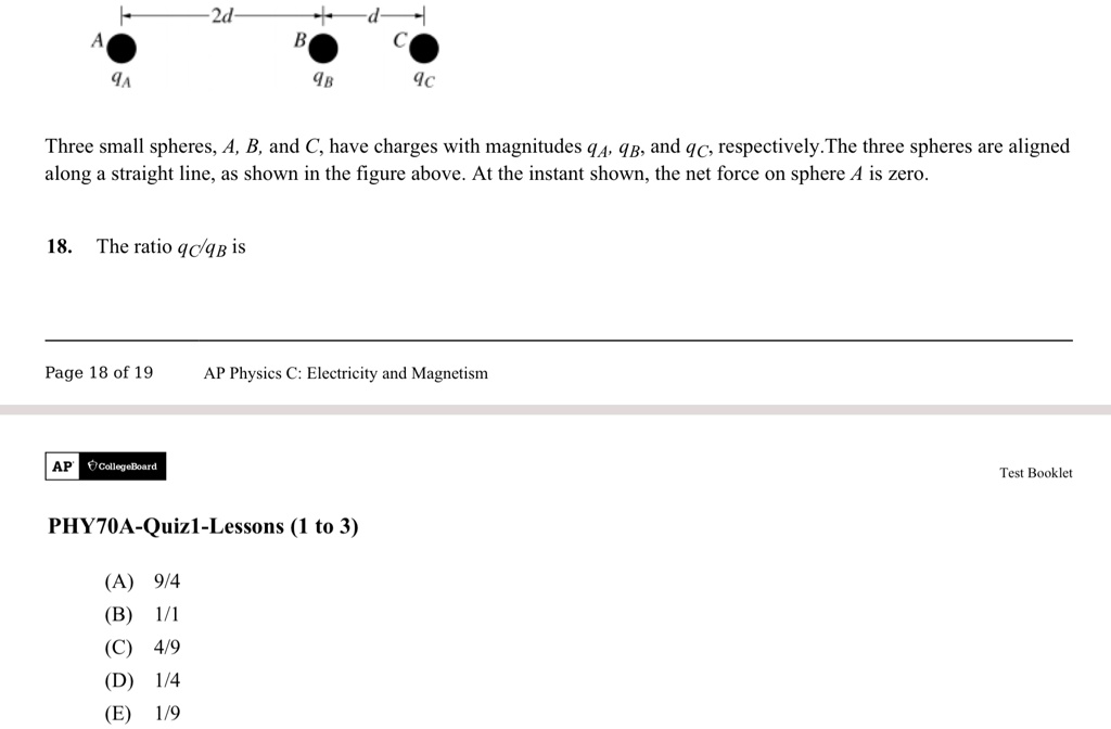 2d B ab qc Three small spheres, A, B, and C, have charges with magnitudes q4, q, and qc ...