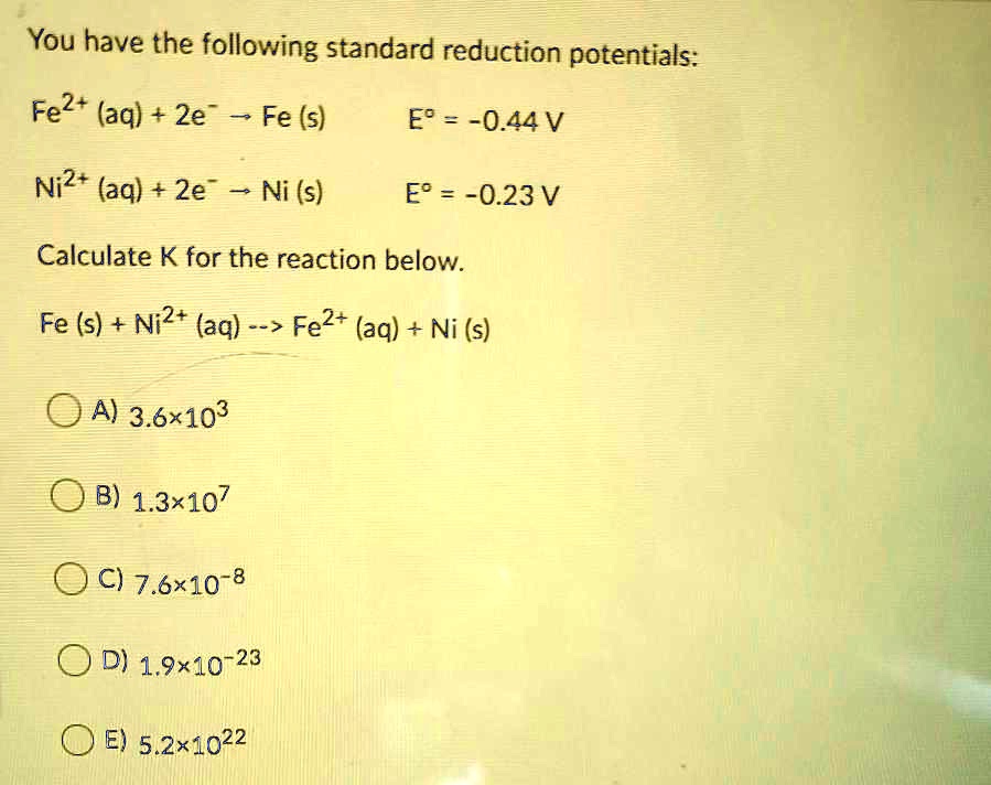 you have the following standard reduction potentials fe2 aq 2e fe s e ...