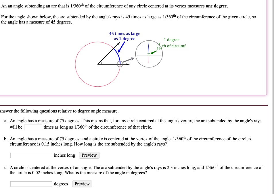 an an angle subtending an arc that is 1360th of the circumference of ...