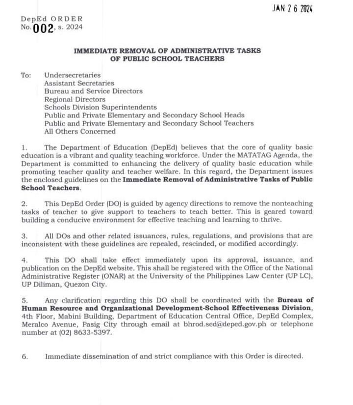 JAN 262024 DepEd ORDER No. 0 0 2, s. 2024 IMMEDIATE REMOVAL OF ...