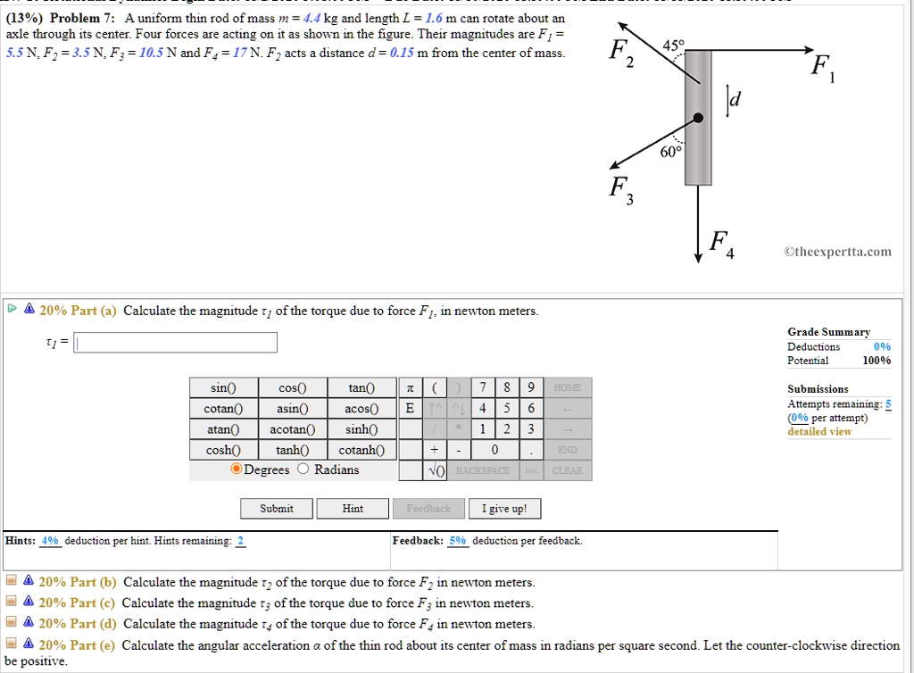 SOLVED:(13%) Problem 7: A uniform thin rod of mass m = 4.4kg and length ...