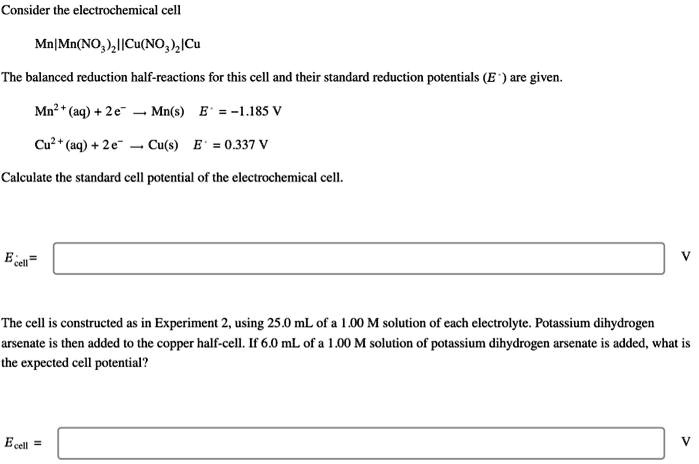 Consider the electrochemical cell: Mn|Mn(NO3)2||Cu(NO3)2|Cu The ...