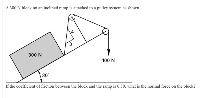 SOLVED: A 300 N block on an inclined ramp is attached to a pulley ...
