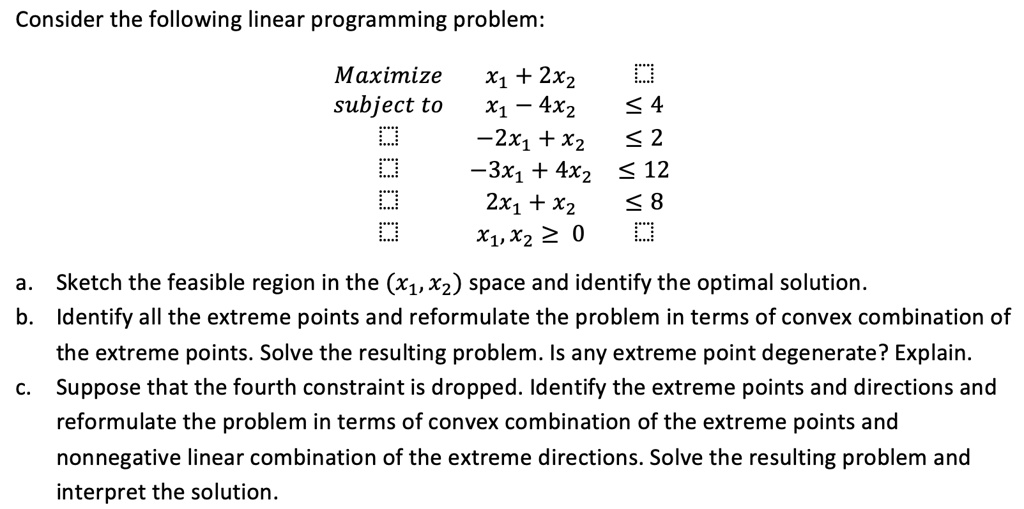 Consider the following linear programming problem: Maximize x1 + 2x2 subject to x1 - 4x2 ≤ 4 ...
