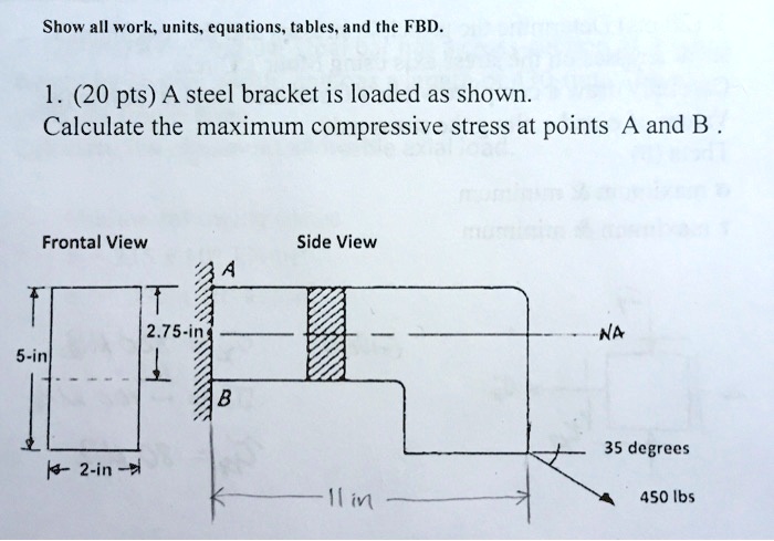 SOLVED: (20 pts) A steel bracket is loaded as shown. Calculate the ...