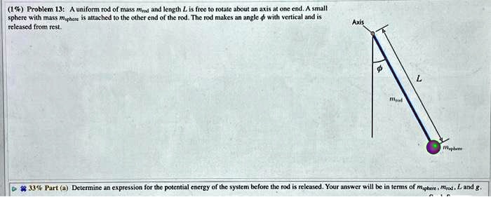 (1%) Problem 13: A uniform rod of mass $m{rod}$ and length $L$ is free ...