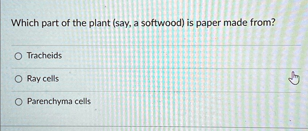 SOLVED: Which part of the plant (say, a softwood) is paper made from ...