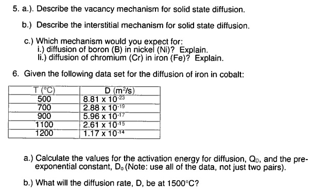 5. a.). Describe the vacancy mechanism for solid state diffusion. b ...