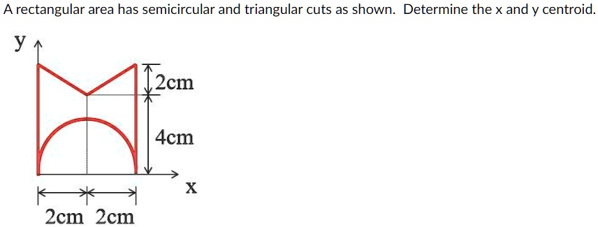 A rectangular area has semicircular and triangular cuts as shown. Determine the x and y centroid ...