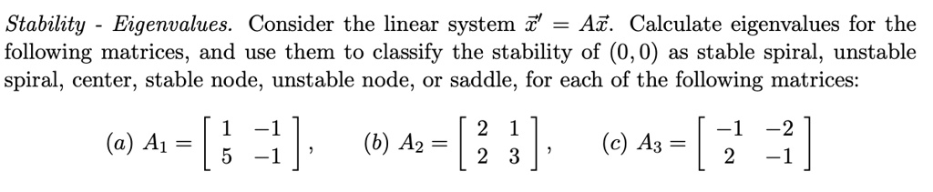 SOLVED: Stability Eigenvalues_ Consider the linear system €' Ax ...