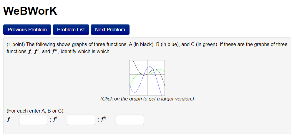 SOLVED: WeBWorK Previous Problem Problem List Next Problem (1 point) The following shows graphs ...