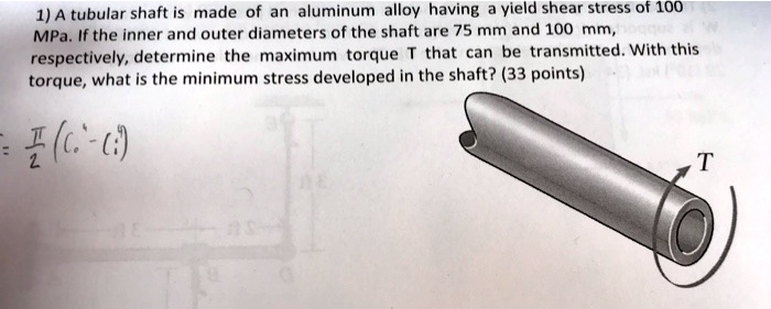 SOLVED: A tubular shaft is made of an aluminum alloy having a yield shear stress of 100 MPa. If ...