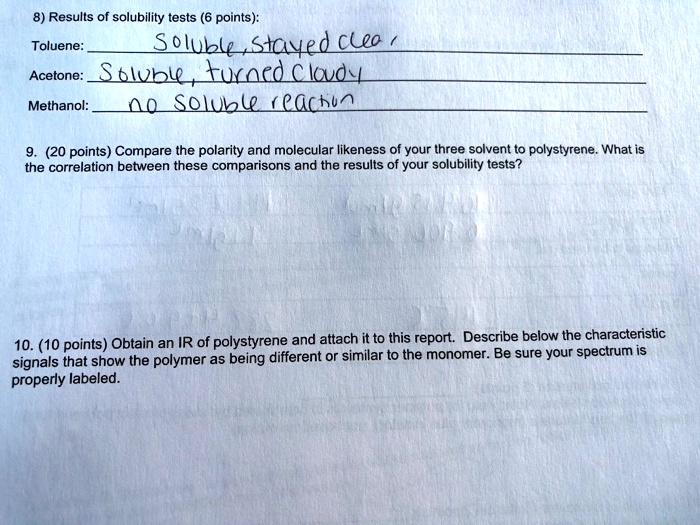 Results of solubility tests (6 points): Toluene: Soluble Acetone ...