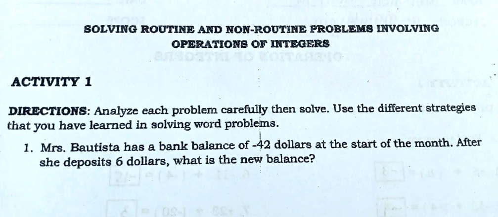 SOLVED: SOLVING ROUTINE AND NON-ROUTINE PROBLEMB INVOLVING OPERATIONE OF INTEGERB ACTIVITY 1 ...