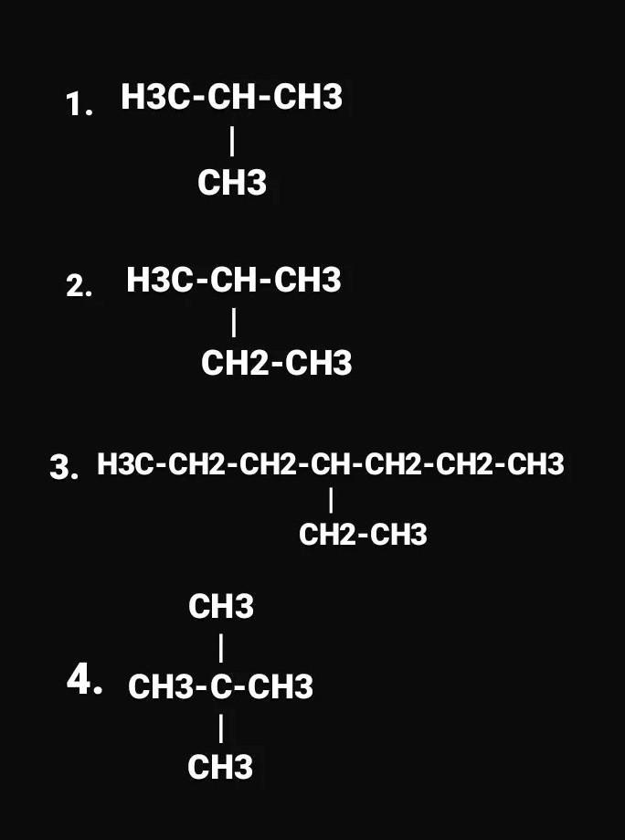 SOLVED: Name the following branched alkanes: 1. H3C-CH-CH3 CH3 2. H3C ... SOLVED: Name the following branched alkanes: 1. H3C-CH-CH3 CH3 2. H3C ...