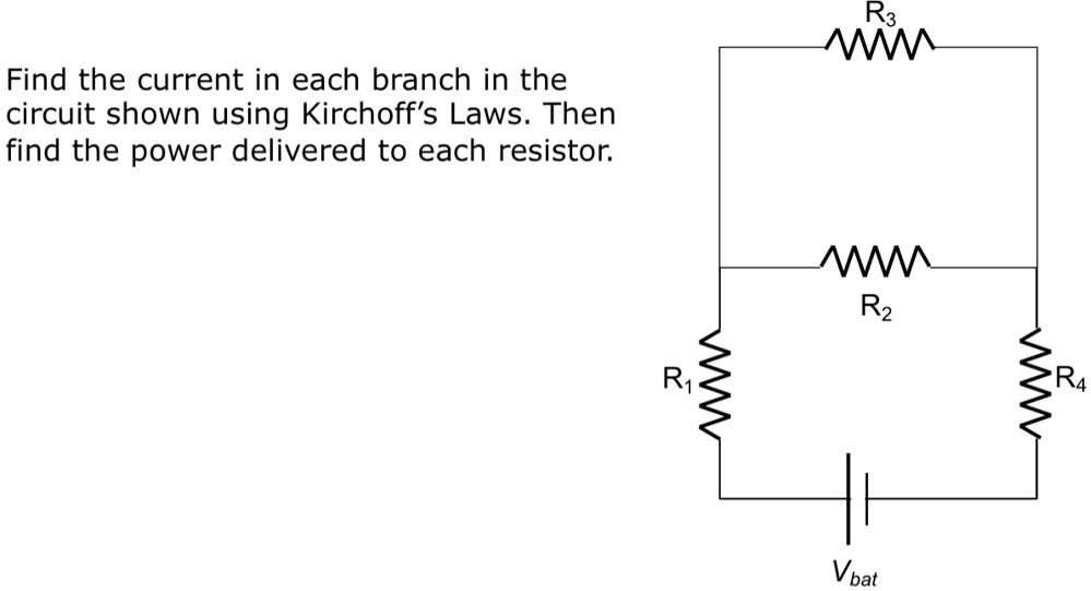 Find the current in each branch in the circuit shown using Kirchoff's Laws. Then find the power ...