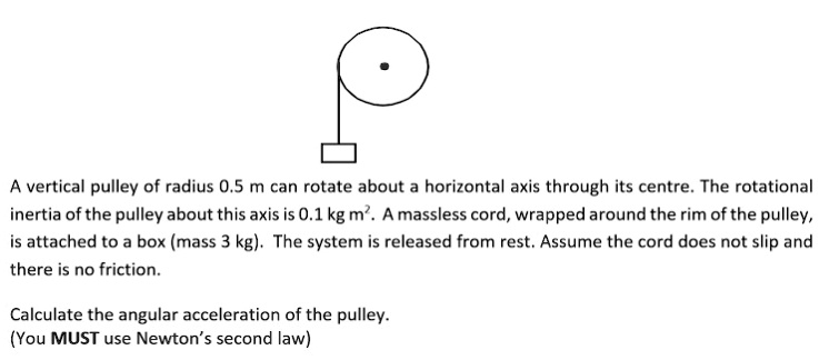 SOLVED: A vertical pulley of radius 0.5 m can rotate about a horizontal ...