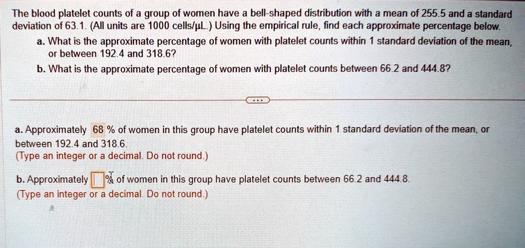 SOLVED: The blood platelet counts of a group of women have a bell-shaped distribution with a ...