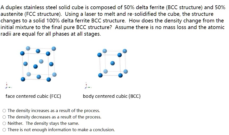 A duplex stainless steel solid cube is composed of 50% delta ferrite (BCC structure) and 50% ...