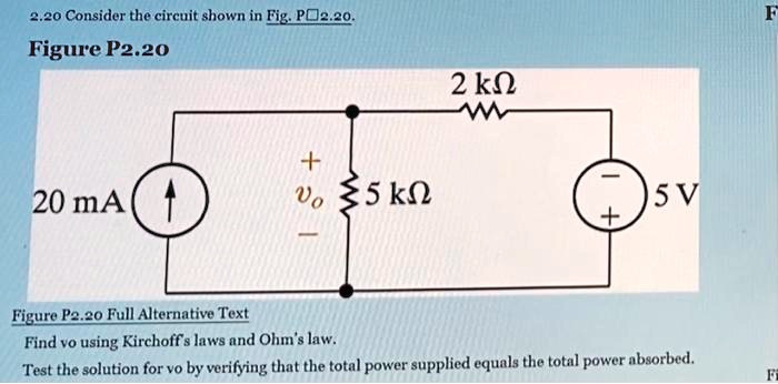 SOLVED: 2.2o Consider the circuit shown in Fig.P2.20 Figure P2.20 2kÎ© + Vo 5kÎ© 20 mA V Figure ...