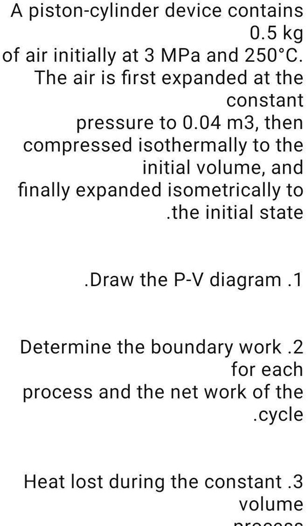 A piston-cylinder device contains 0.5 kg of air initially at 3 MPa and 250°C. The air is first ...