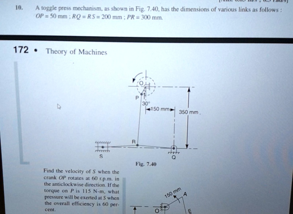 10. A toggle press mechanism, as shown in Fig. 7.40, has the dimensions ...