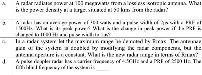 a. A radar radiates power at 100 megawatts from a lossless isotropic ...